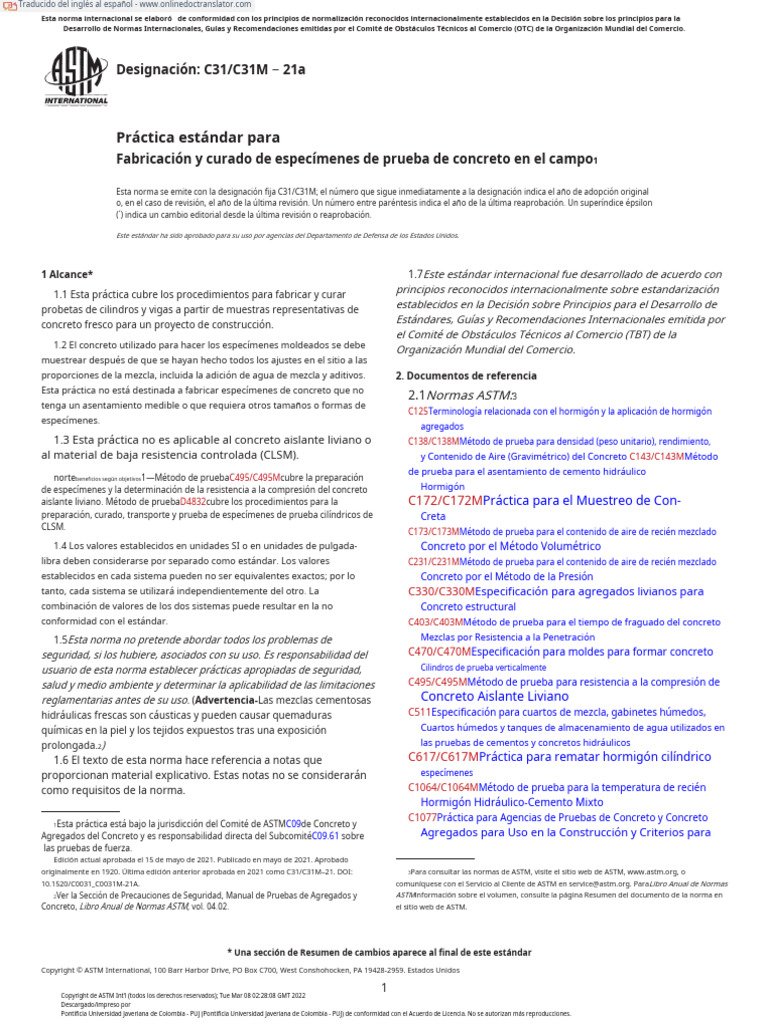 ASTM - C31 Español Elaboracion y Curado de Especímenes en Lab | PDF | Hormigón | Ingeniería de ...
