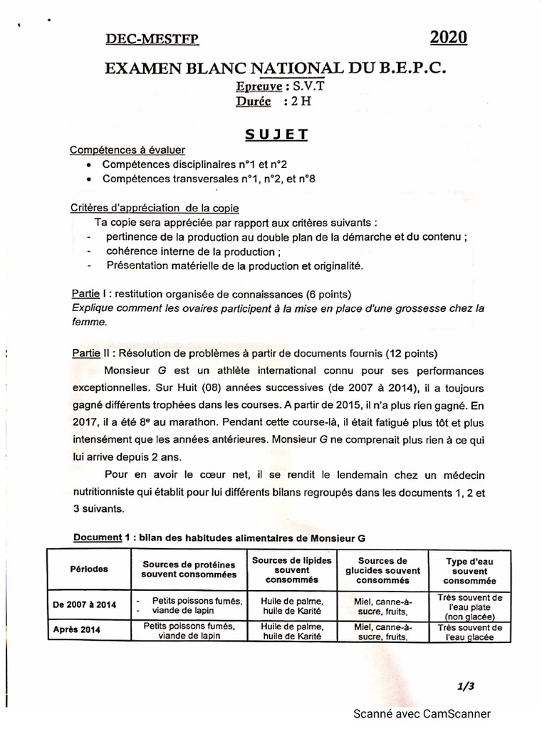 Devoir SVT 3ème | PDF