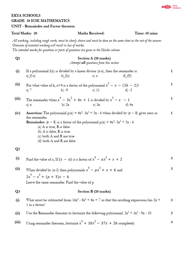 Grade 10 ICSE Math: Remainder & Factor Theorem | PDF | Factorization ...