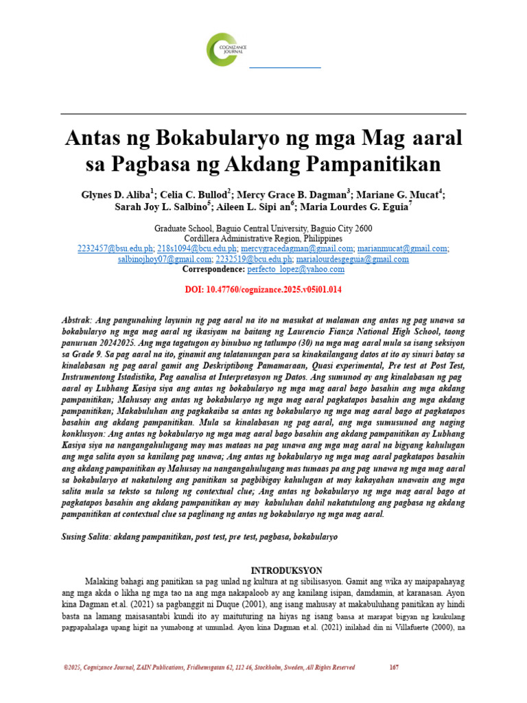 Antas NG Bokabularyo NG Mga Mag-Aaral Sa Pagbasa NG Akdang Pampanitikan ...
