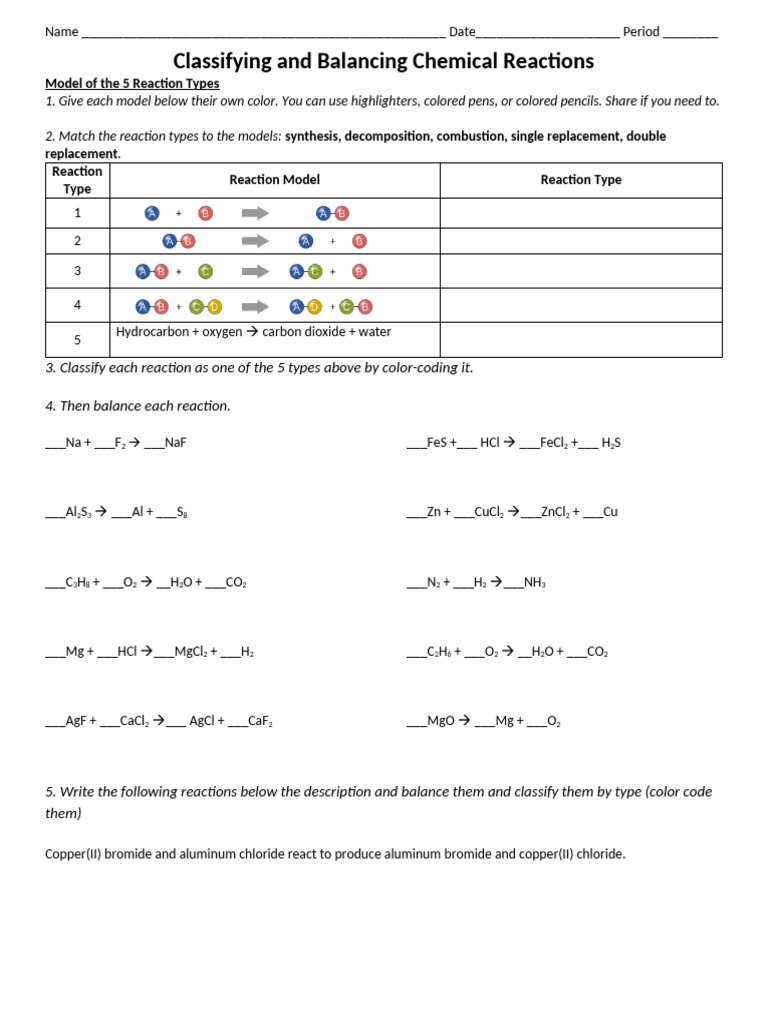 Classifying & Balancing Chemical Reactions | PDF