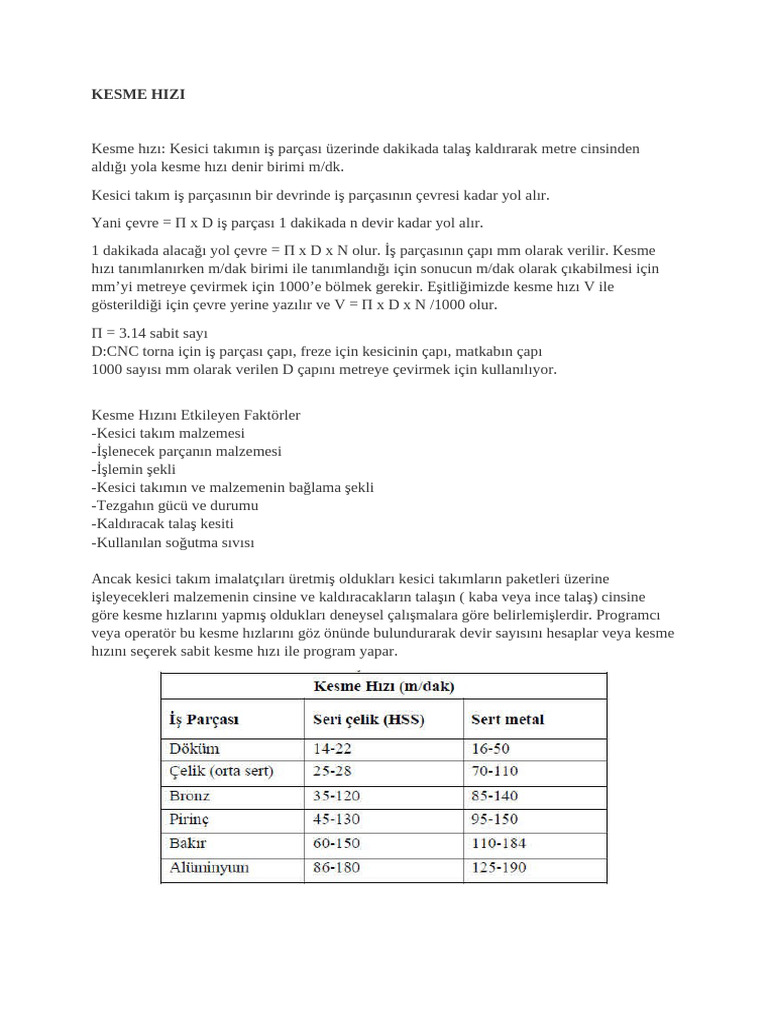 8. Hafta kesme ve ilerleme hızı | PDF