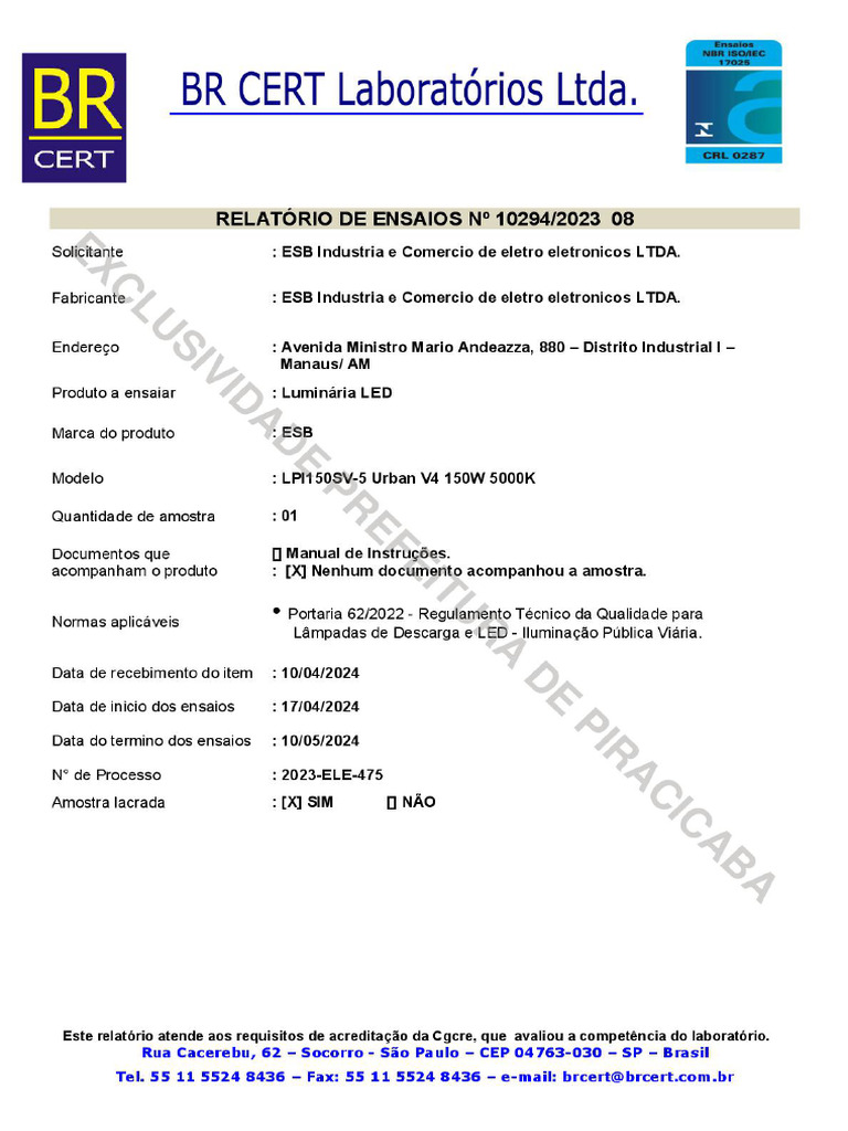 OS 10294-2023 08 - ESB - Luminária Publica - LPI150SV - 5 Urban V4 150W ...