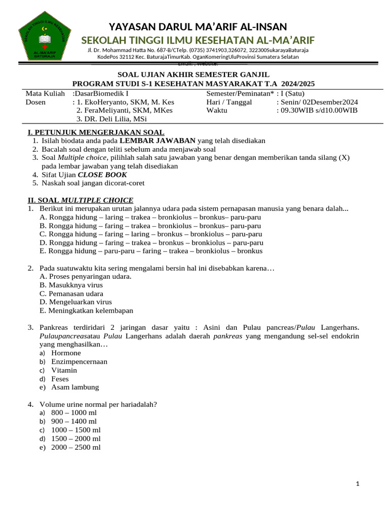 SOAL uas biomedik 1 2024-2025 | PDF