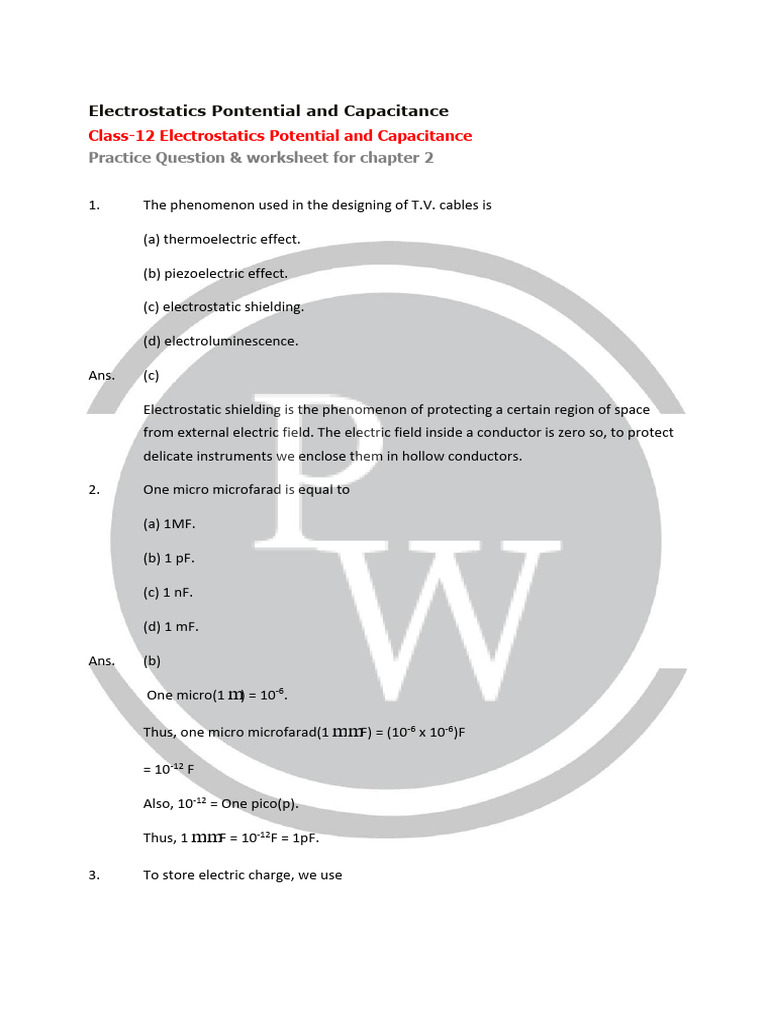 Practice Question & Worksheet For Chapter 2: Class-12 Electrostatics Potential and Capacitance ...