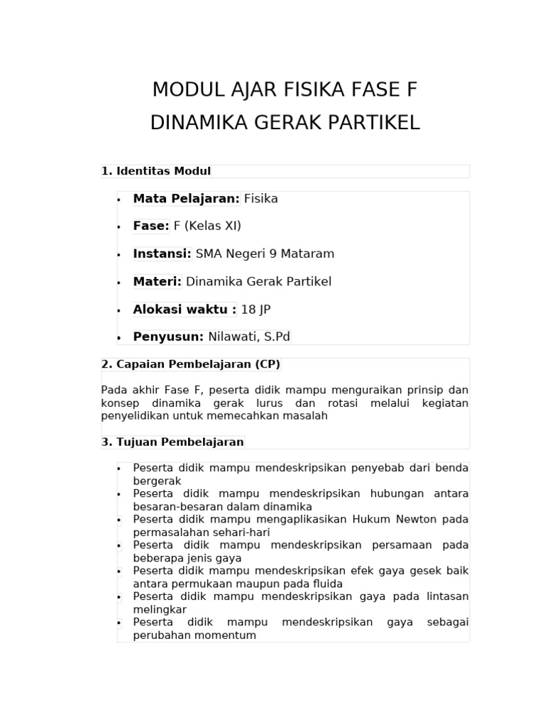 MODUL AJAR FISIKA FASE F Dinamika Gerak Partikel | PDF