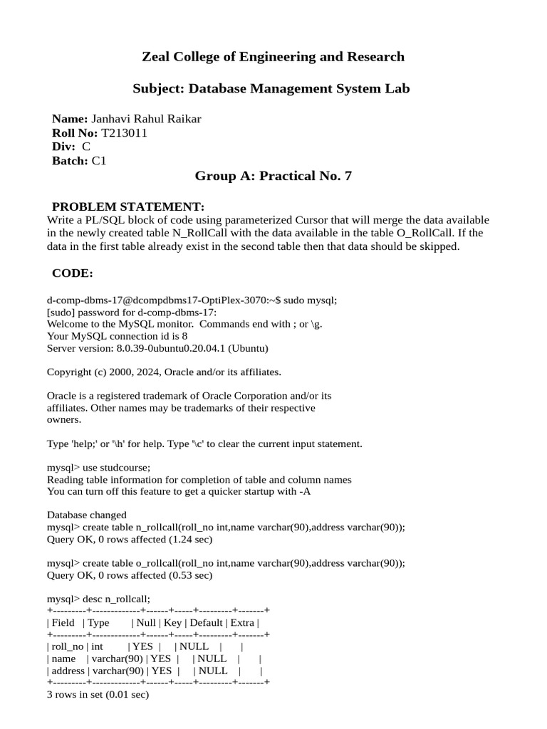 DBMS PRACTICAL 7 | PDF | Databases | My Sql DBMS PRACTICAL 7 | PDF | Databases | My Sql