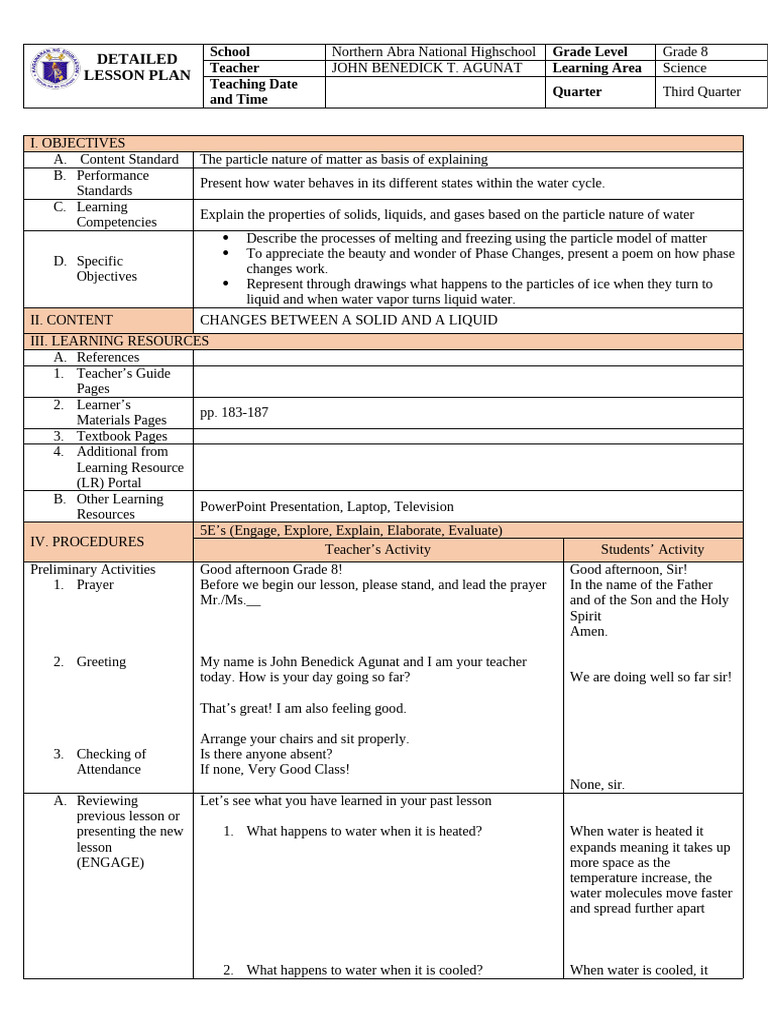 Grade 8 Science Lesson Plan: Phase Changes | PDF | Ice | Water