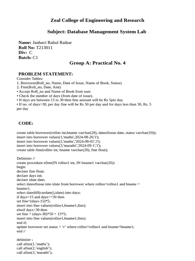 DBMS Practical 4 | PDF