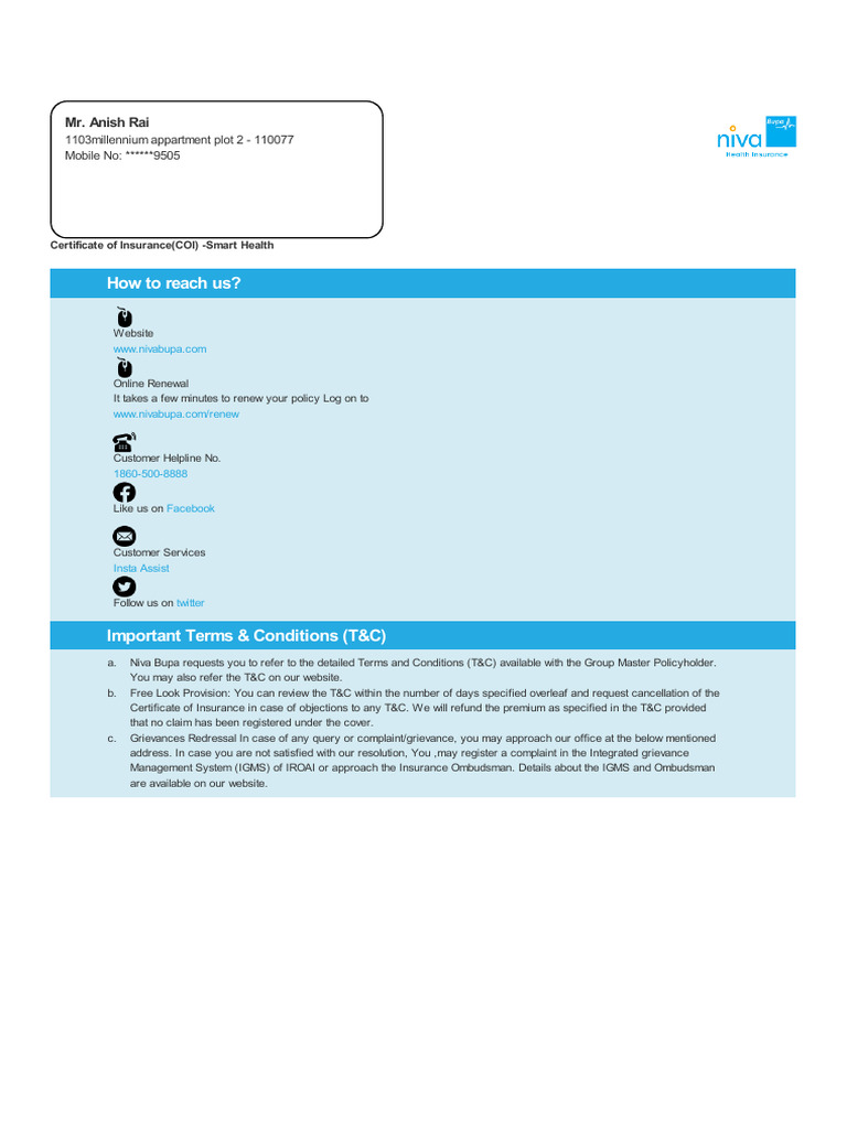 Niva Bupa Smart Health Insurance COI | PDF | Insurance | Medical ...