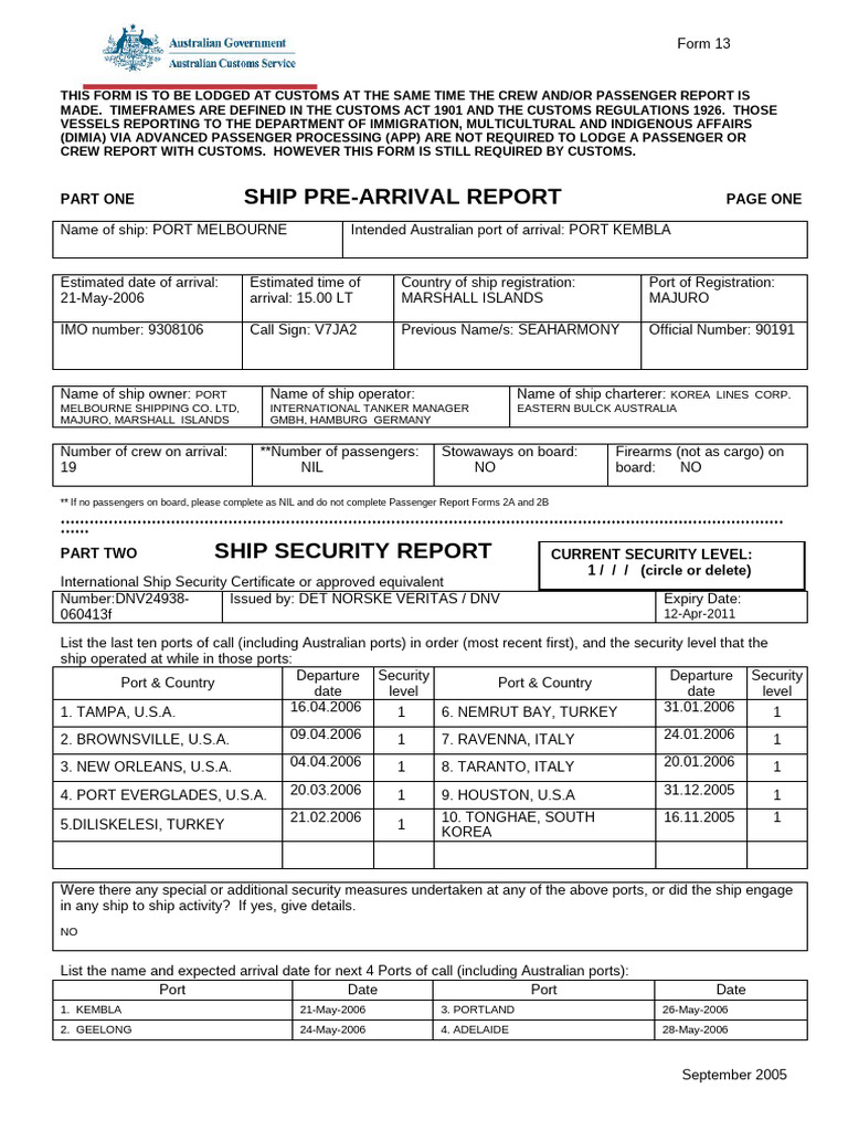 Form 13: Ship Pre-Arrival Report | PDF | Shipping | Water Transport