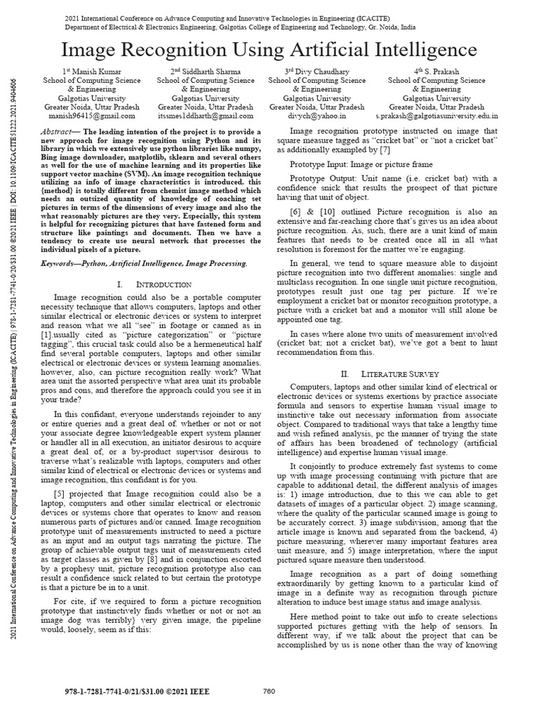 Image Recognition Using Artificial Intelligence kumar2021 | PDF