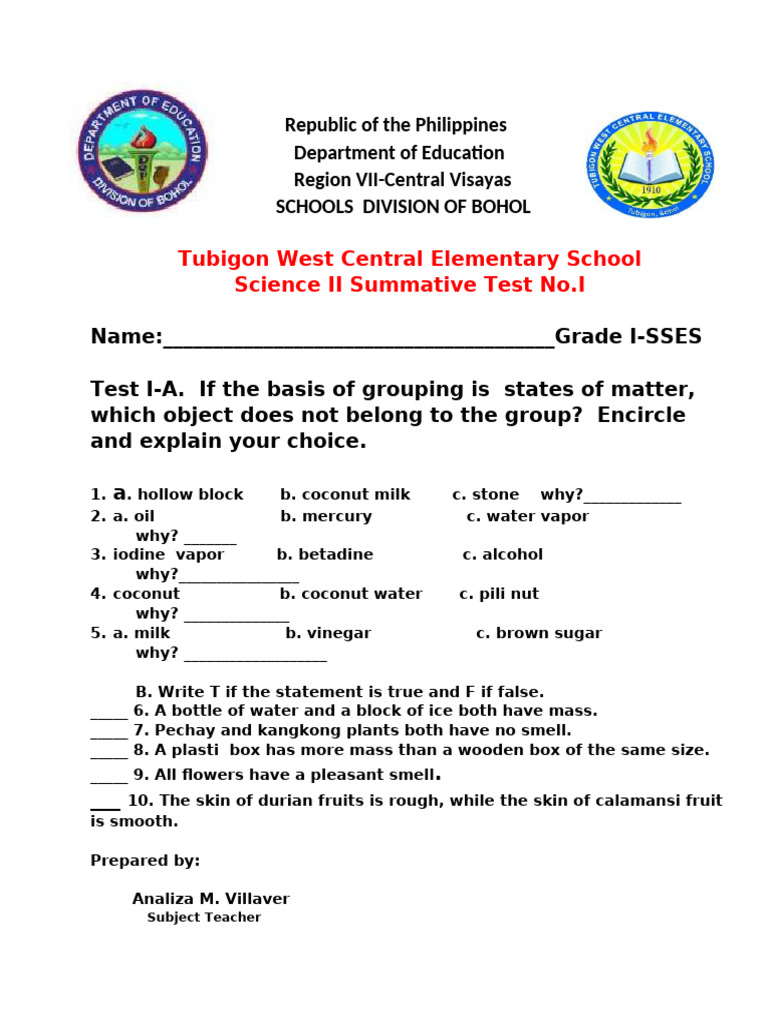 Science 2 Summative Test no.1 | PDF
