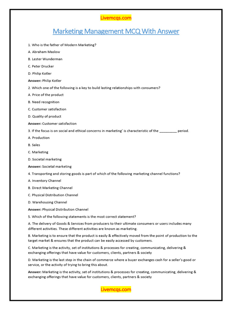 Marketing Management MCQ With Answer PDF | PDF | Marketing | Customer