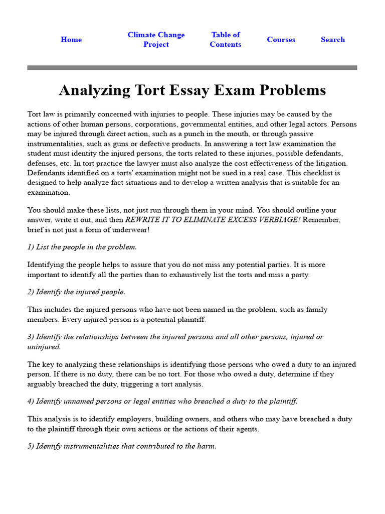 Analyzing Tort Essay Exam Problems | PDF | Causation (Law) | Common Law