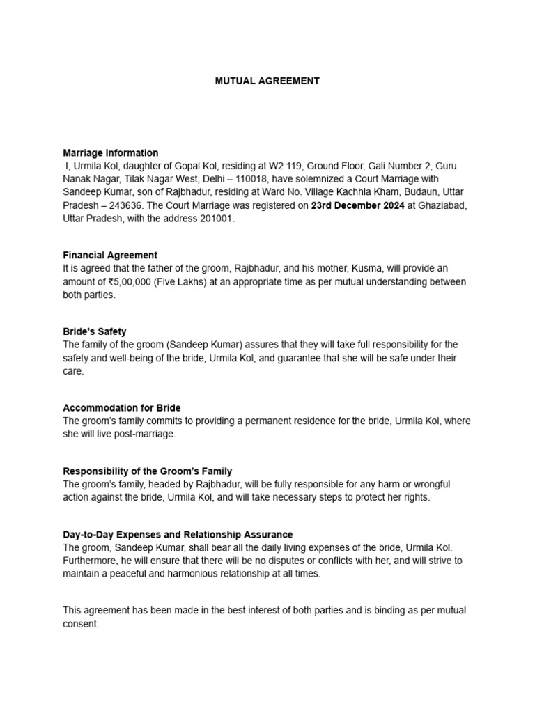 Court Marriage Mutual Agreement Details | PDF