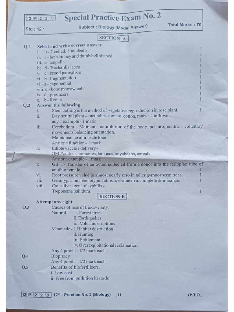 12th Biology Answers Sheet | PDF