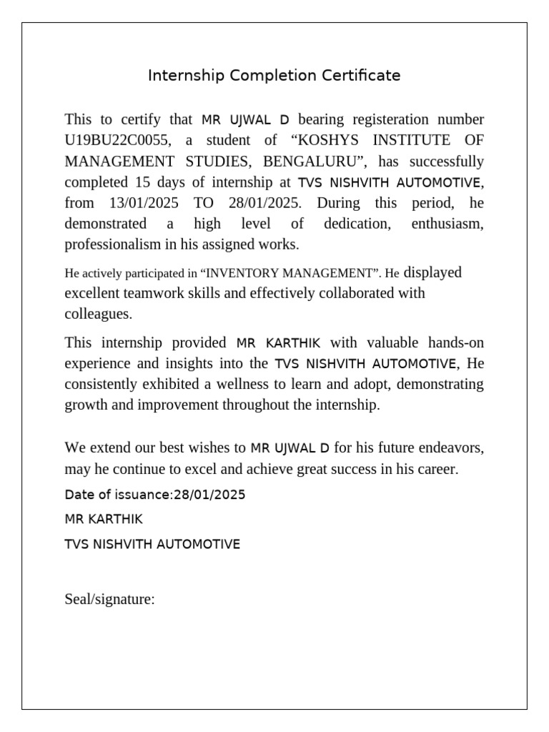 Internship Completion Certificate: MR Ujwal D | PDF
