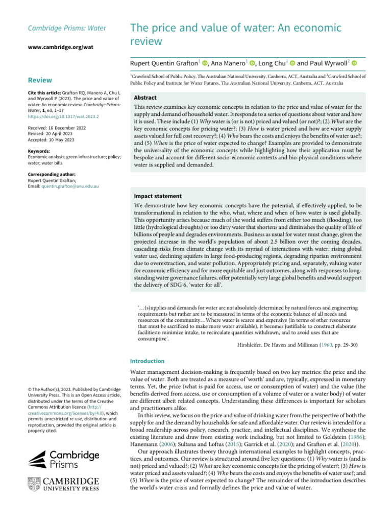 The Price and Value of Water An Economic Review | PDF | Water | Prices