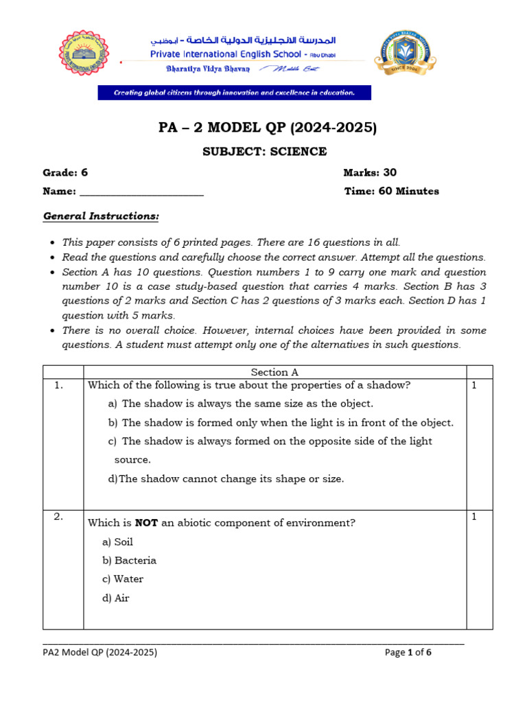 PA2 Model QP GR 6 SCI (2024-25) | PDF | Trees | Desert