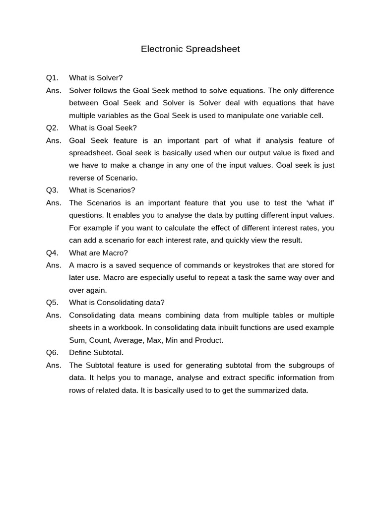 Electronic Spreadsheet Class 10 | PDF