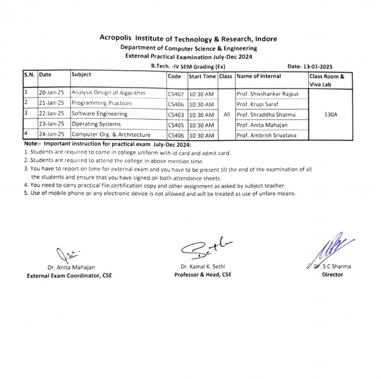 B.Tech IV Sem (Ex) External Practical Time Table July-Dec 2024 | PDF