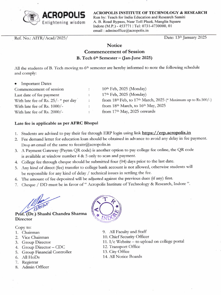 Notice - Commencement of Session B. Tech 6th Semester | PDF
