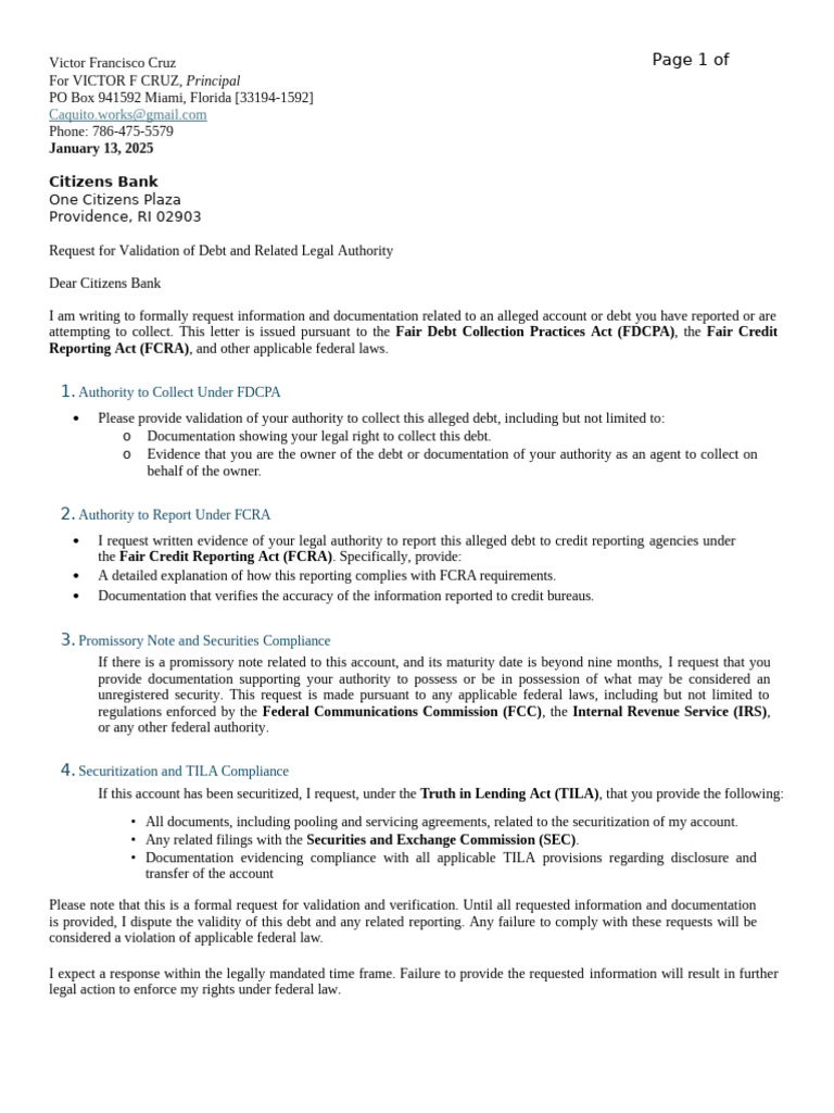 Debt Validation Request Letter Template | PDF | U.S. Securities And ...