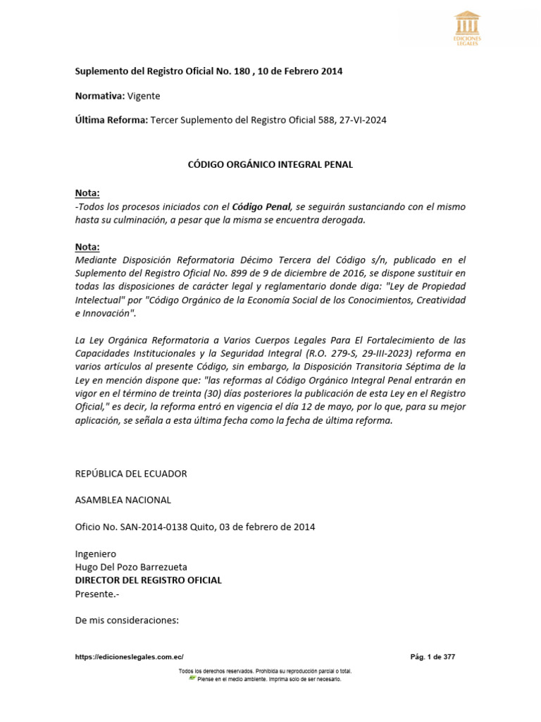 Código Orgánico Integral Penal Ecuador | PDF | Derecho penal | Constitución