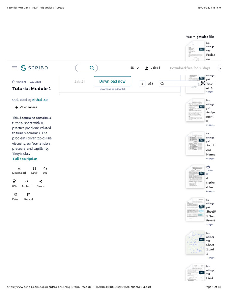 Tutorial Module 1 | PDF | Viscosity | Torque | PDF | Applied And Interdisciplinary Physics ...