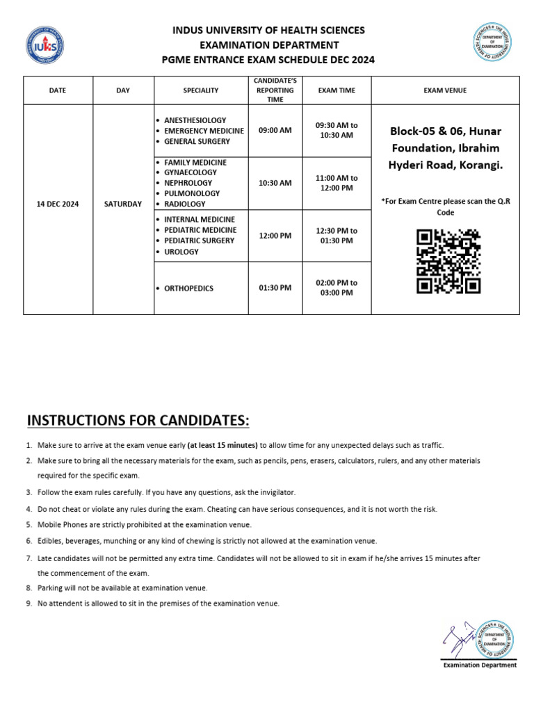 PGME Entrance Exam Dec 2024 Schedule | PDF | Medicine | Health Care