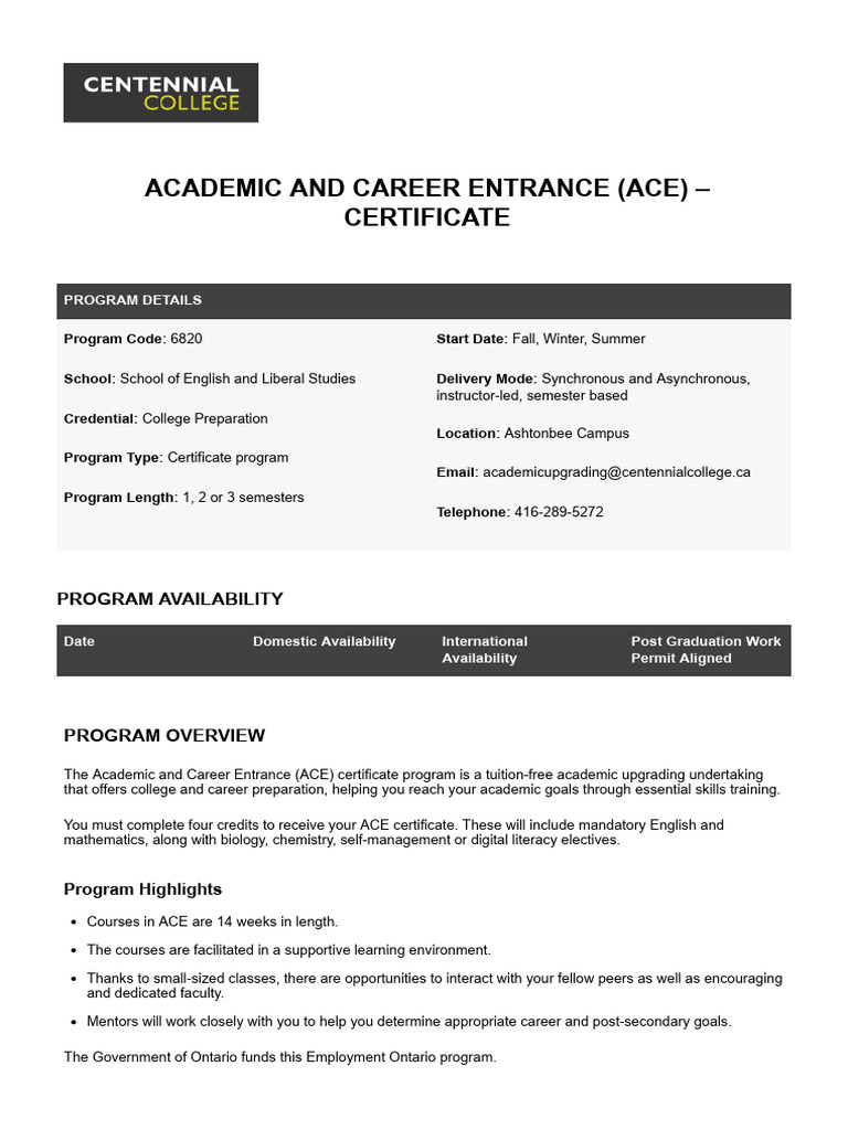 Academic and Career Entrance (ACE) - Certificate - Centennial College | PDF | Learning | Literacy