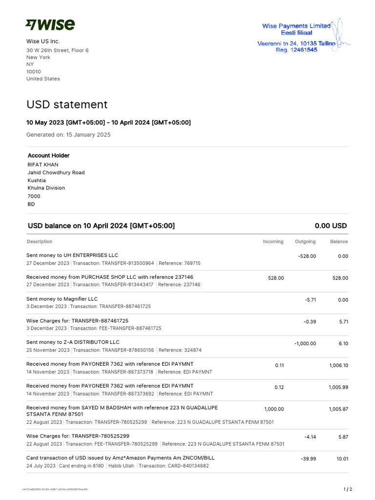 Wise USD Account Statement | PDF | Service Industries | Money