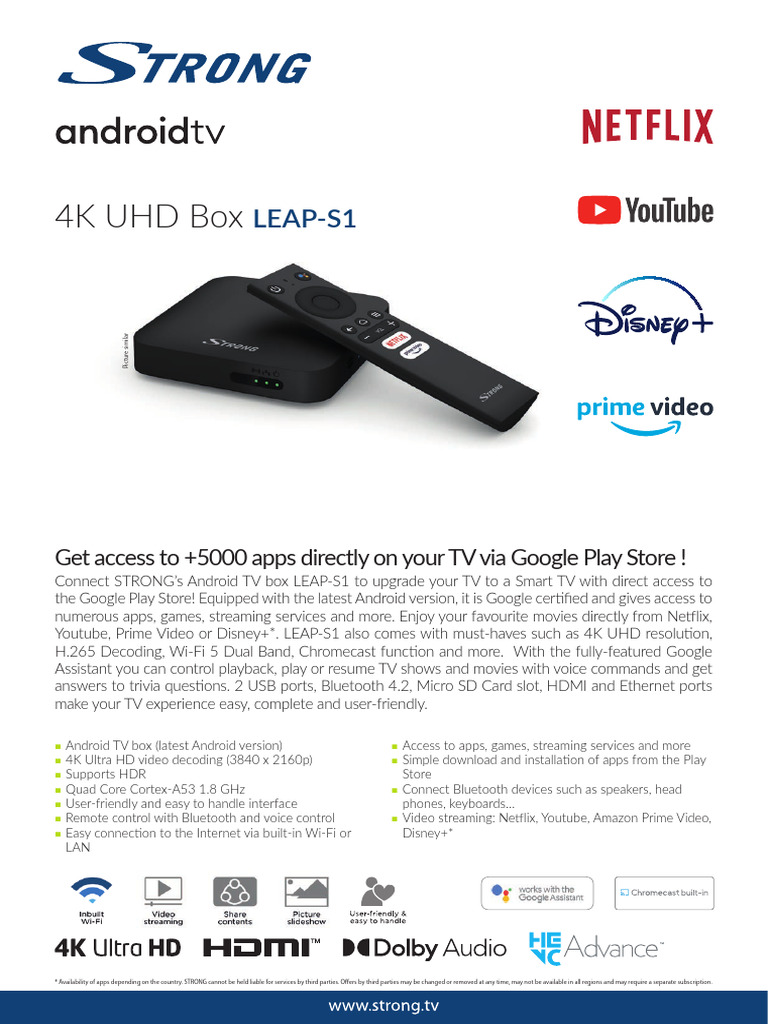 Data Sheet LEAP-S1 - 4K Android TV Box Onetrade English | PDF | Hdmi | Usb