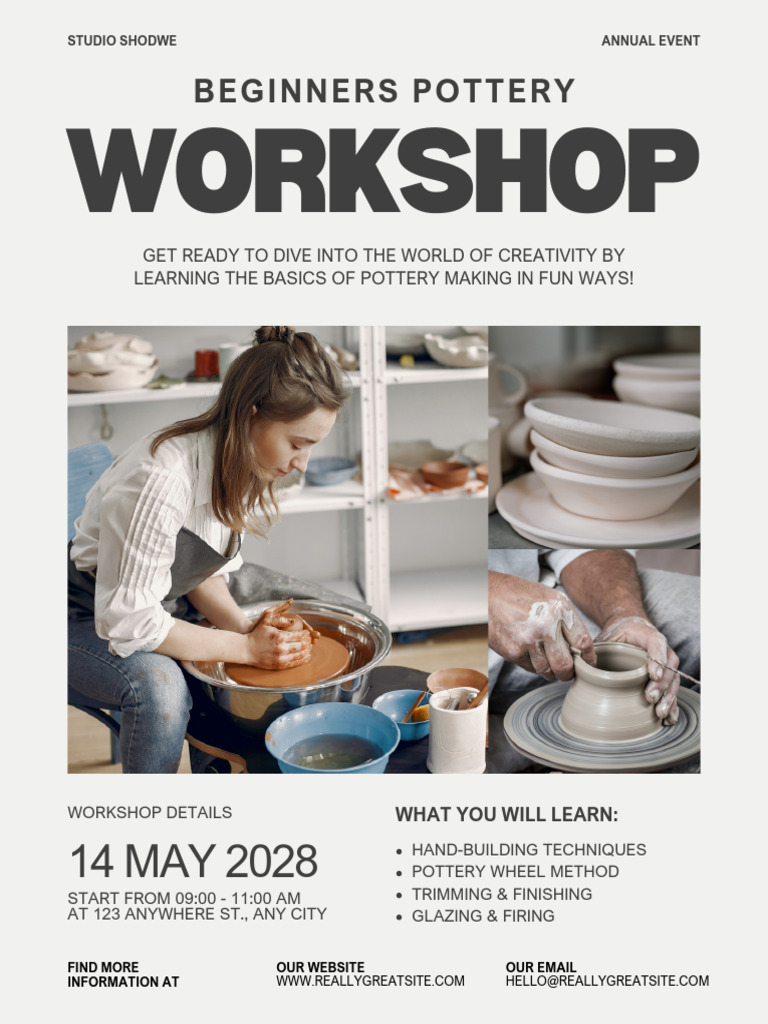 Grey Black Bold Minimalist Pottery Workshop Flyer | PDF