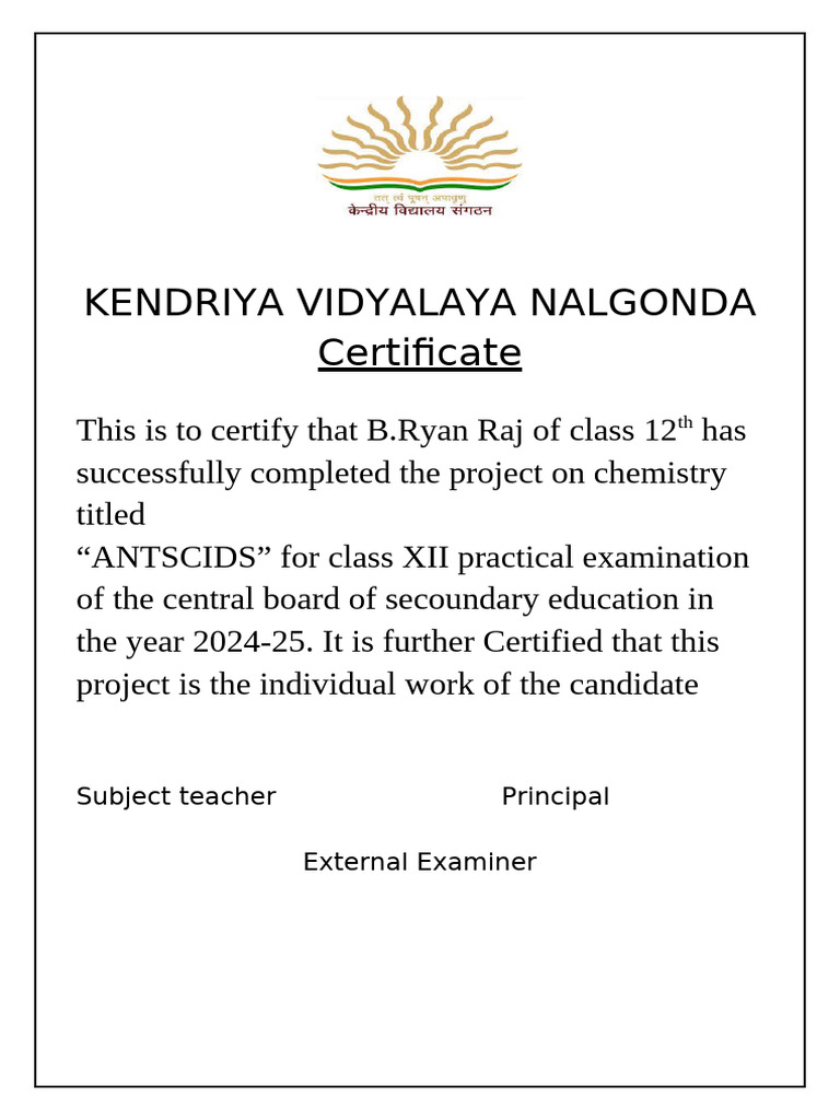 Chemistry Project Certificate 2024 25 Pdf