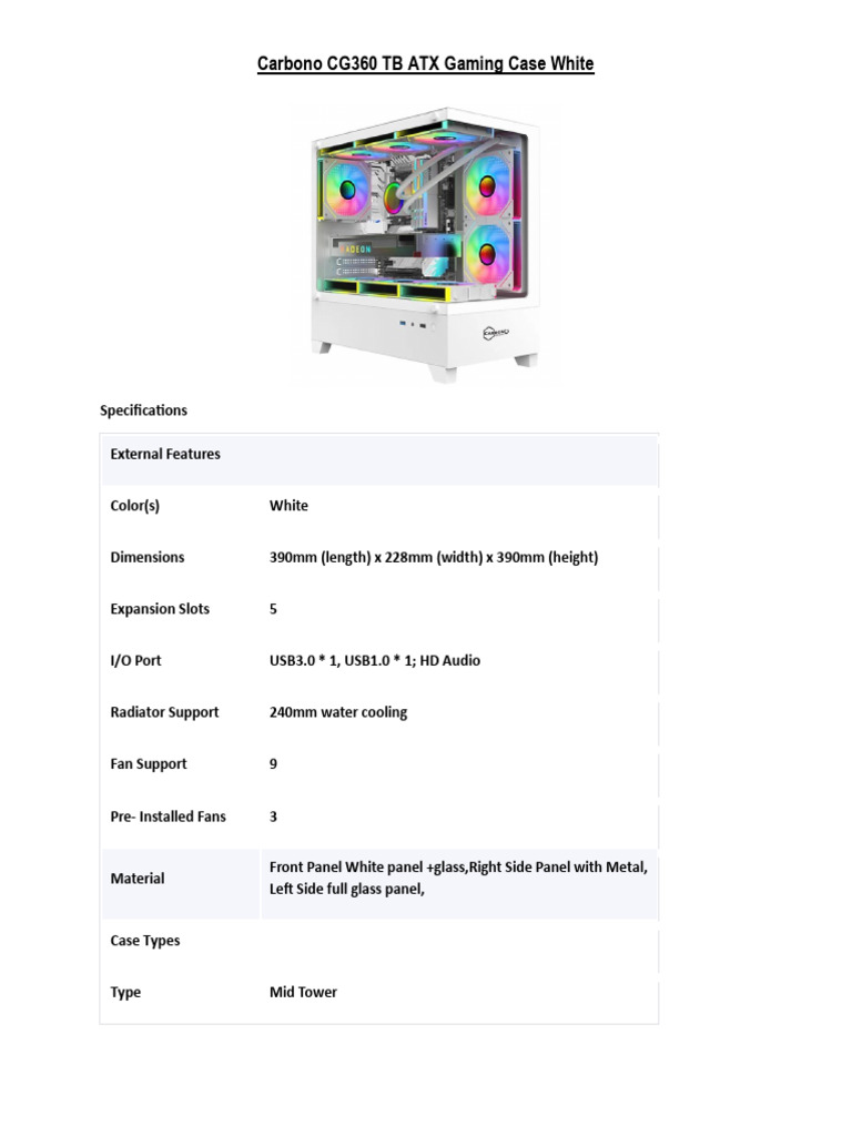 Carbono CG360 TB ATX Case Dimensions | PDF