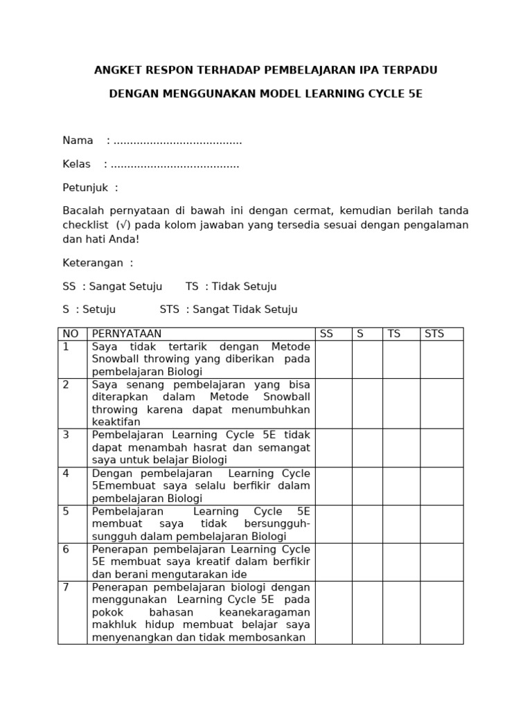 Angket Respon Terhadap Pembelajaran Ipa Terpadu | PDF