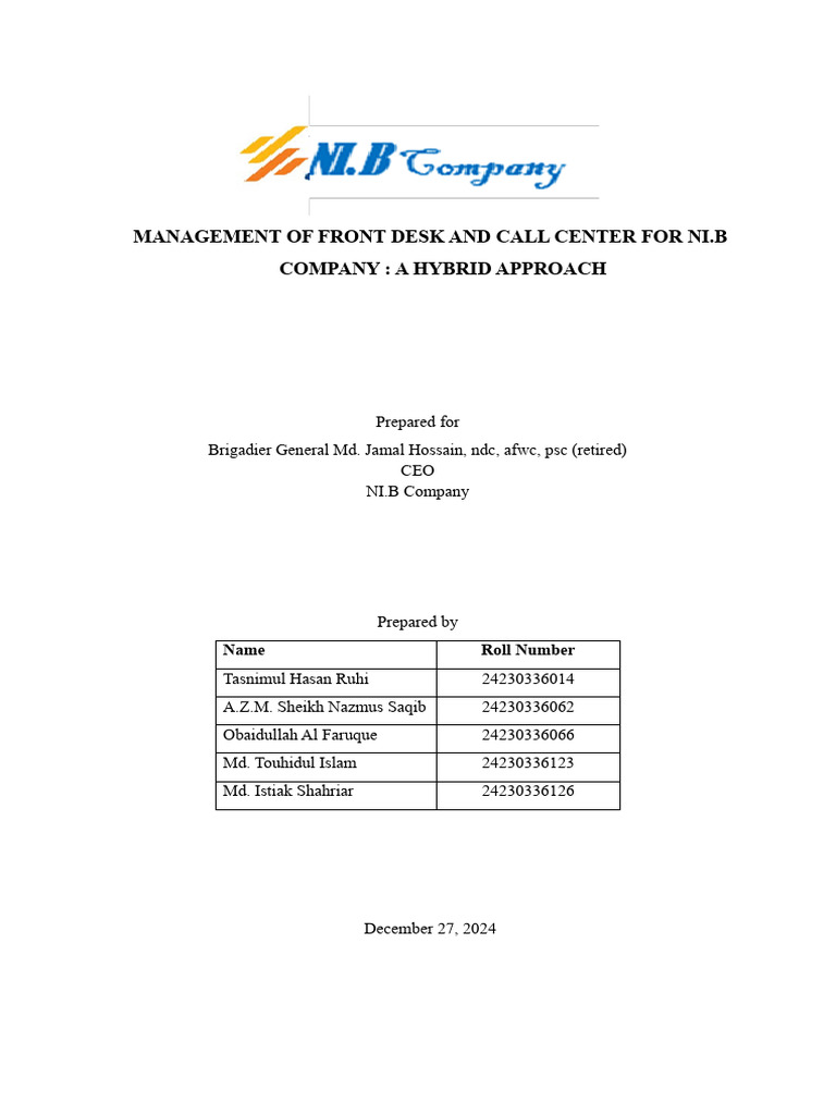 Final- MANAGEMENT OF FRONT DESK AND CALL CENTER FOR NI.B COMPANY A ...