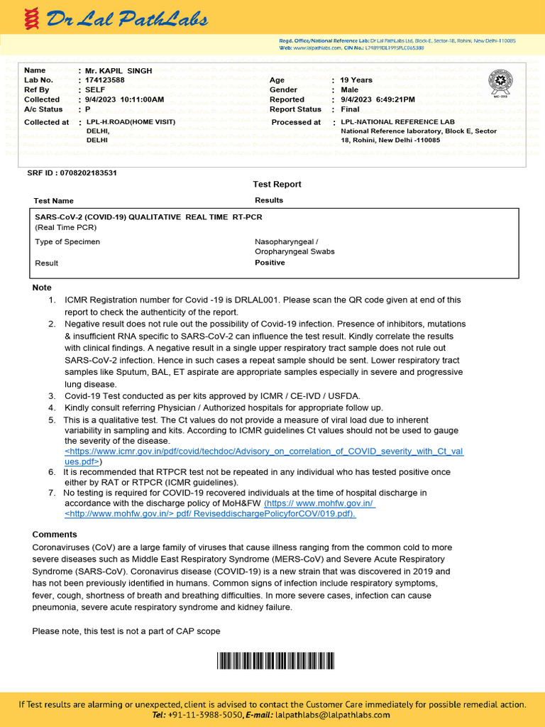 COVID-19 RT-PCR Test Report Summary | PDF | Respiratory Diseases ...