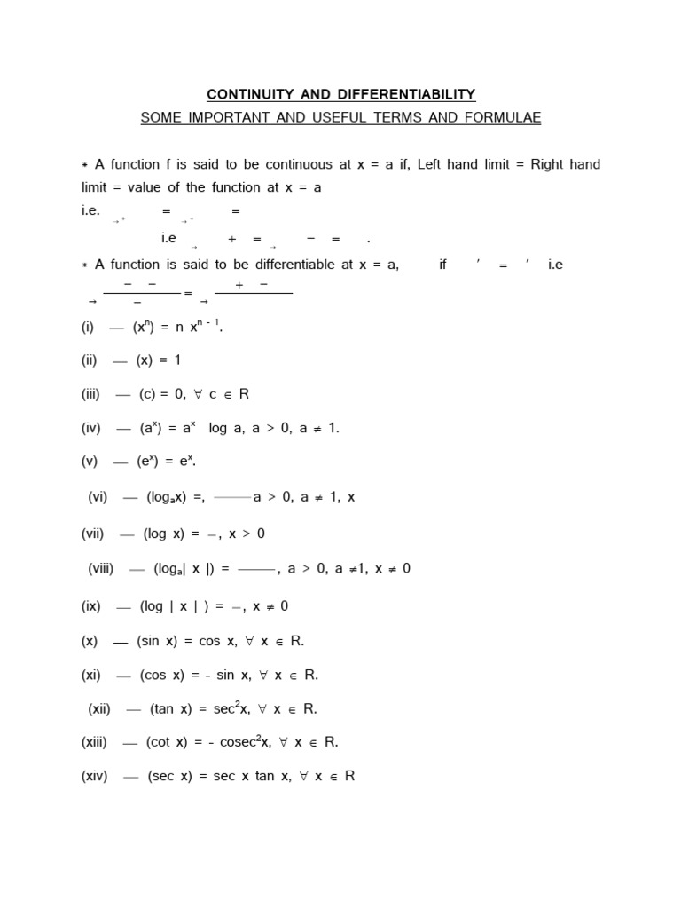 EXTRA QUESTION OF CHAPTER 5 Class 12 Continuity and Differentiation | PDF