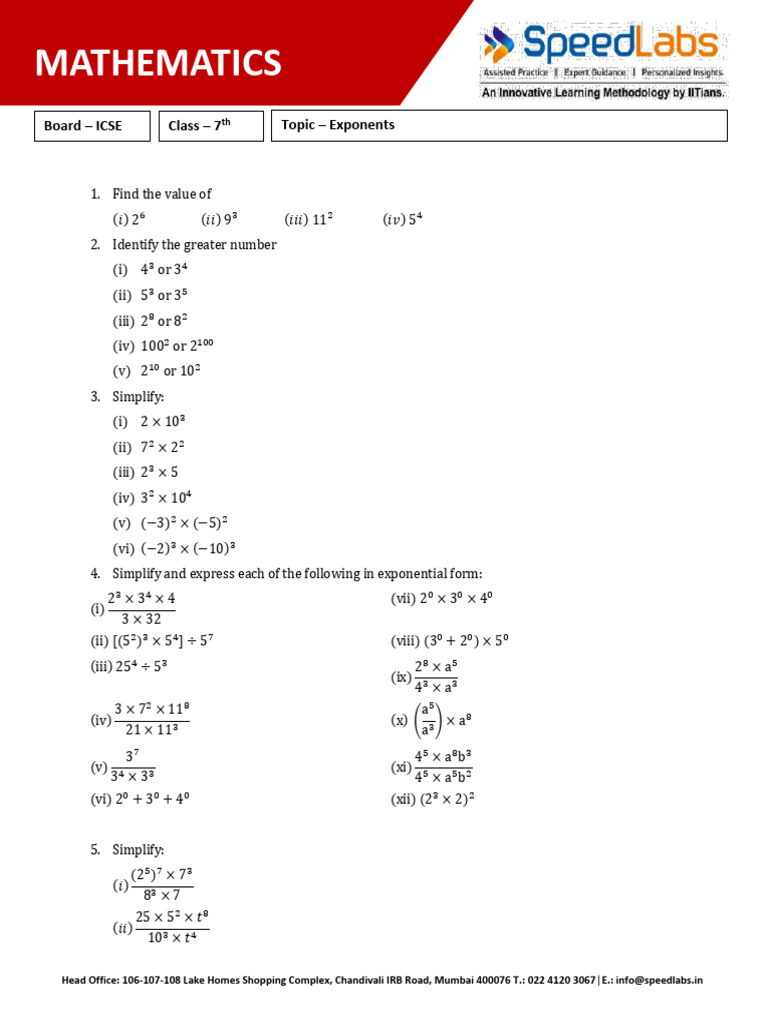 Exponents Including Laws of Exponents - Important Qs - 05. ICSE07M ...