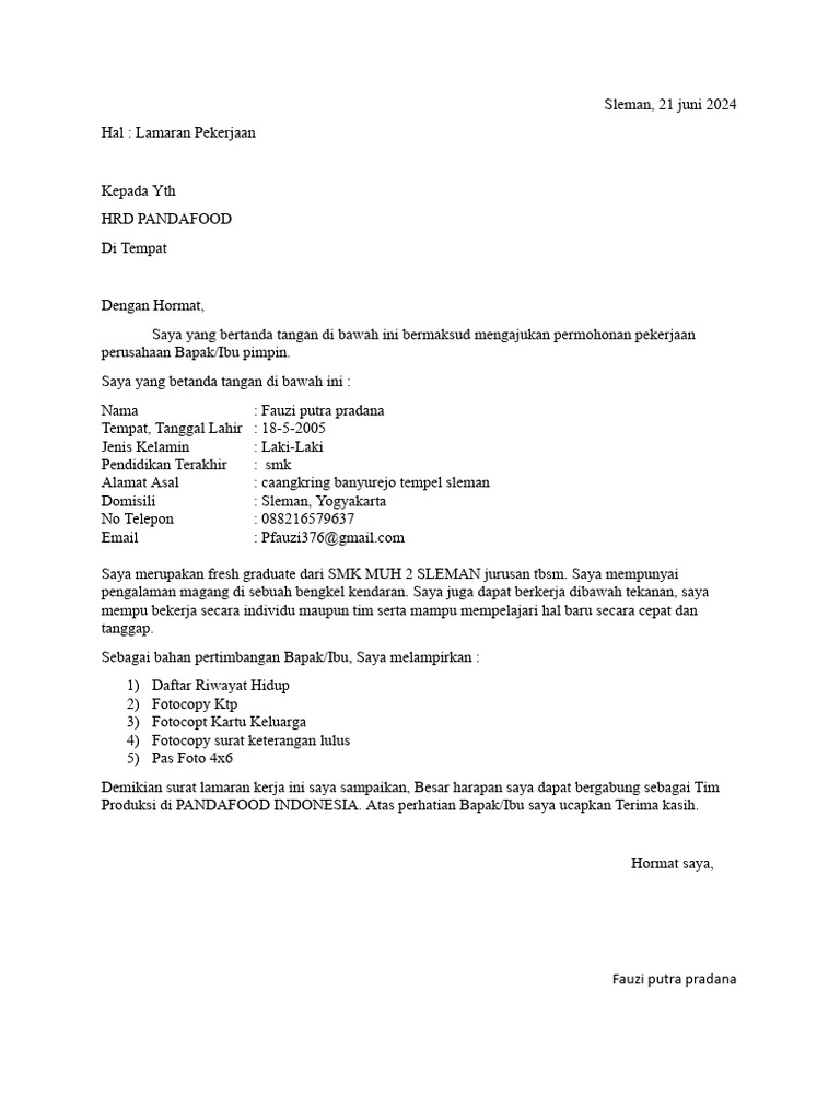 Lamaran Fauzi Putra Pradana 2 | PDF