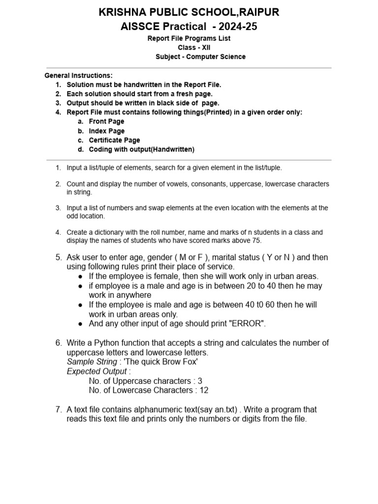 XII CS ReportFile ProgramList AISSCE BoardExam 2024 25 | PDF | Databases | Computer File