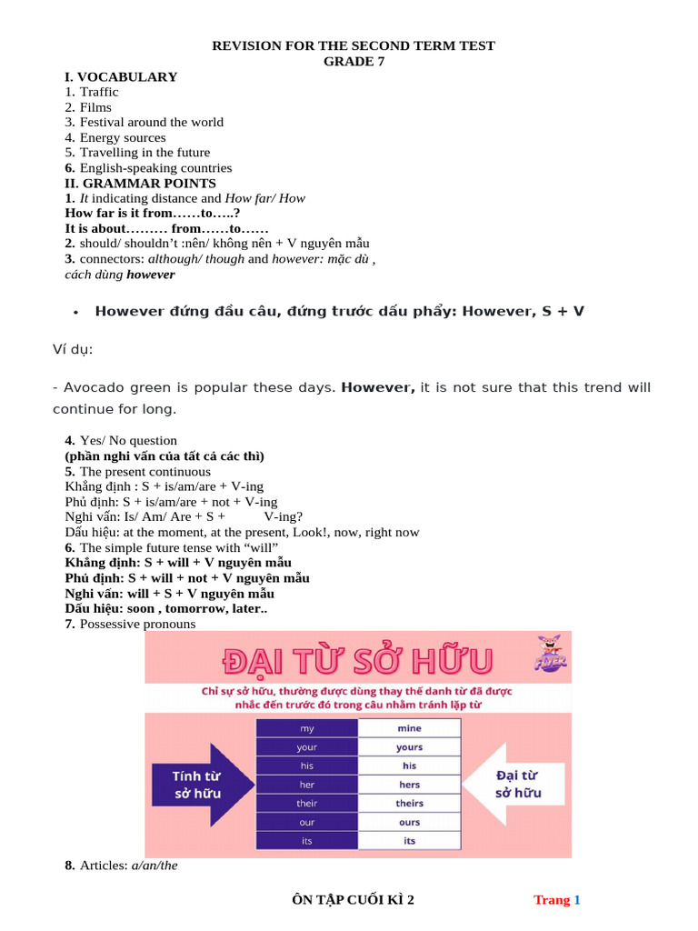 Đề Cương Anh 7 Cuối HK2 | PDF