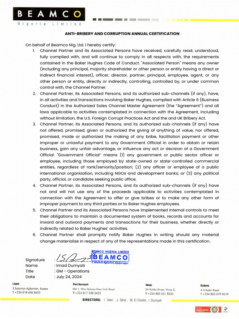 17.2 Signed ABC Certification | PDF | Bribery | Corruption