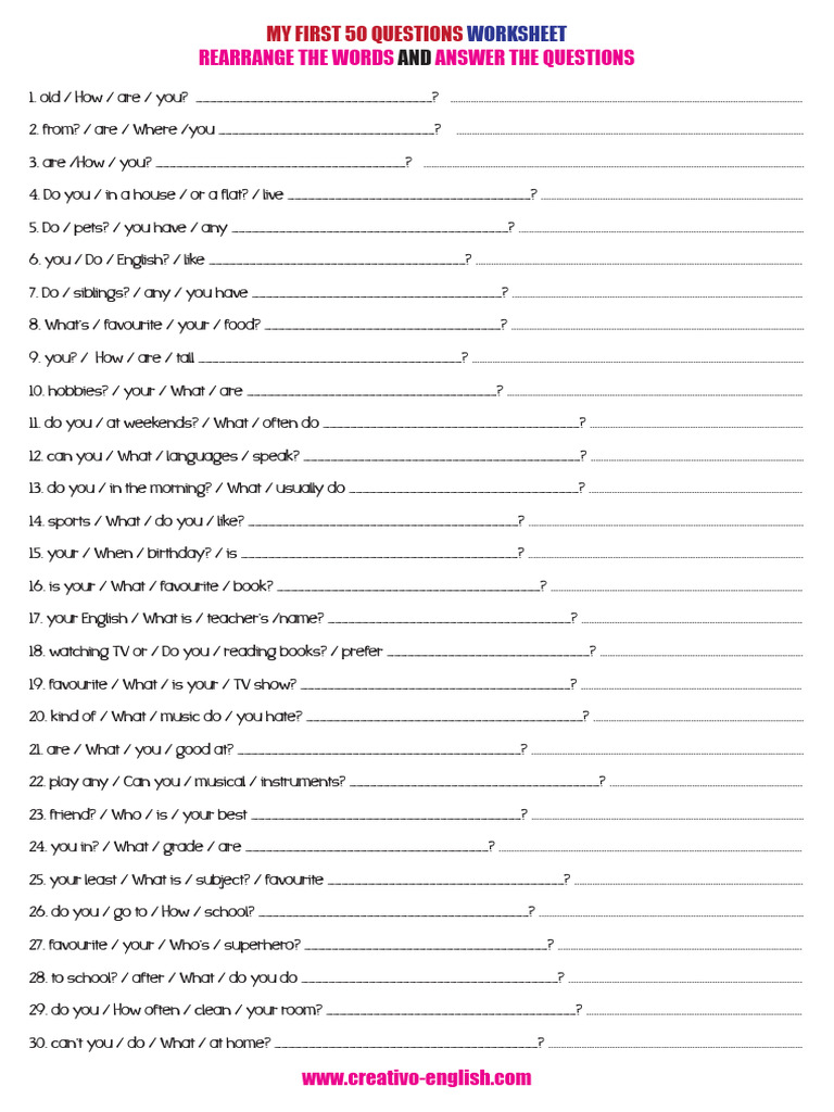 My First 50 Questions Worksheet | PDF