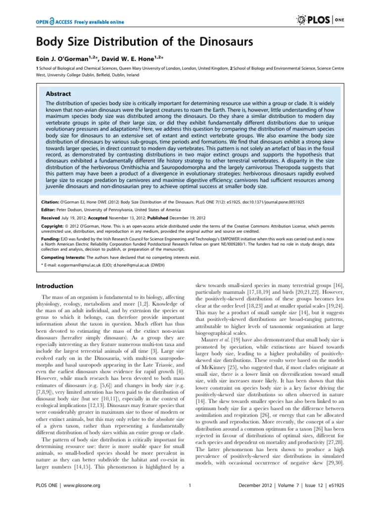 O Gorman Hone 2012. Body Size Distribution of The Dinosaurs | PDF ...