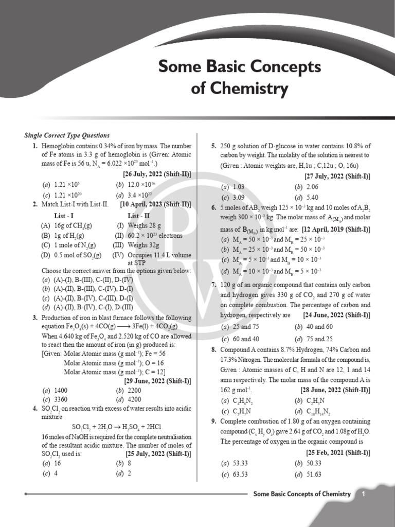 Some Basic Concepts of Chemistry - PYQ Practice Sheet | PDF | Mole (Unit) | Acid