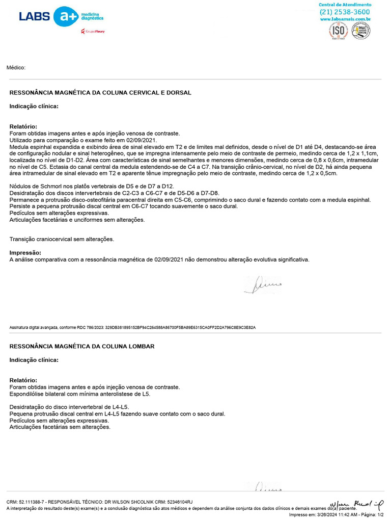 Laudo_Erick Delvizio - RM da coluna lombar - cervicar e dorsal 2024 | PDF | Coluna vertebral ...